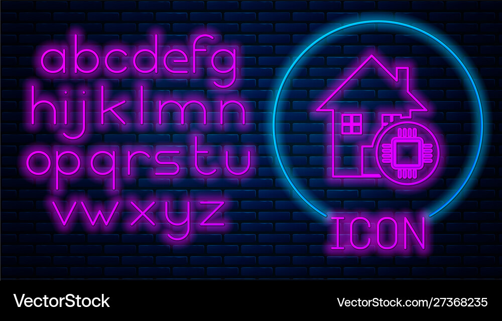 Glowing neon smart home icon isolated on brick Vector Image