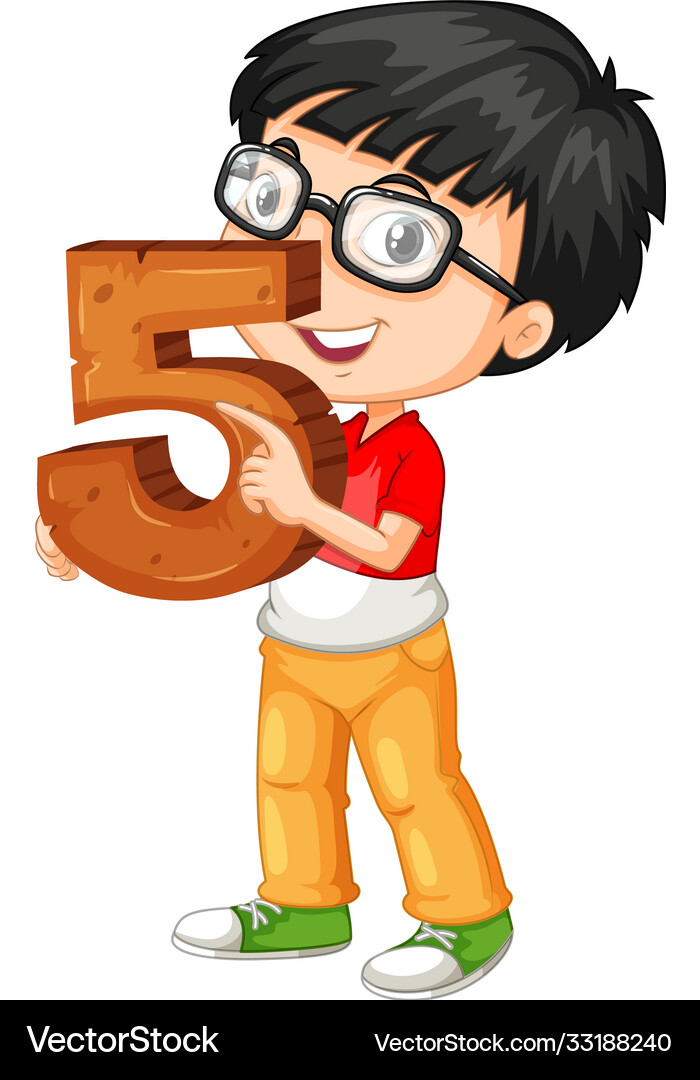 Nerdy boy wearing glasses holding math number five