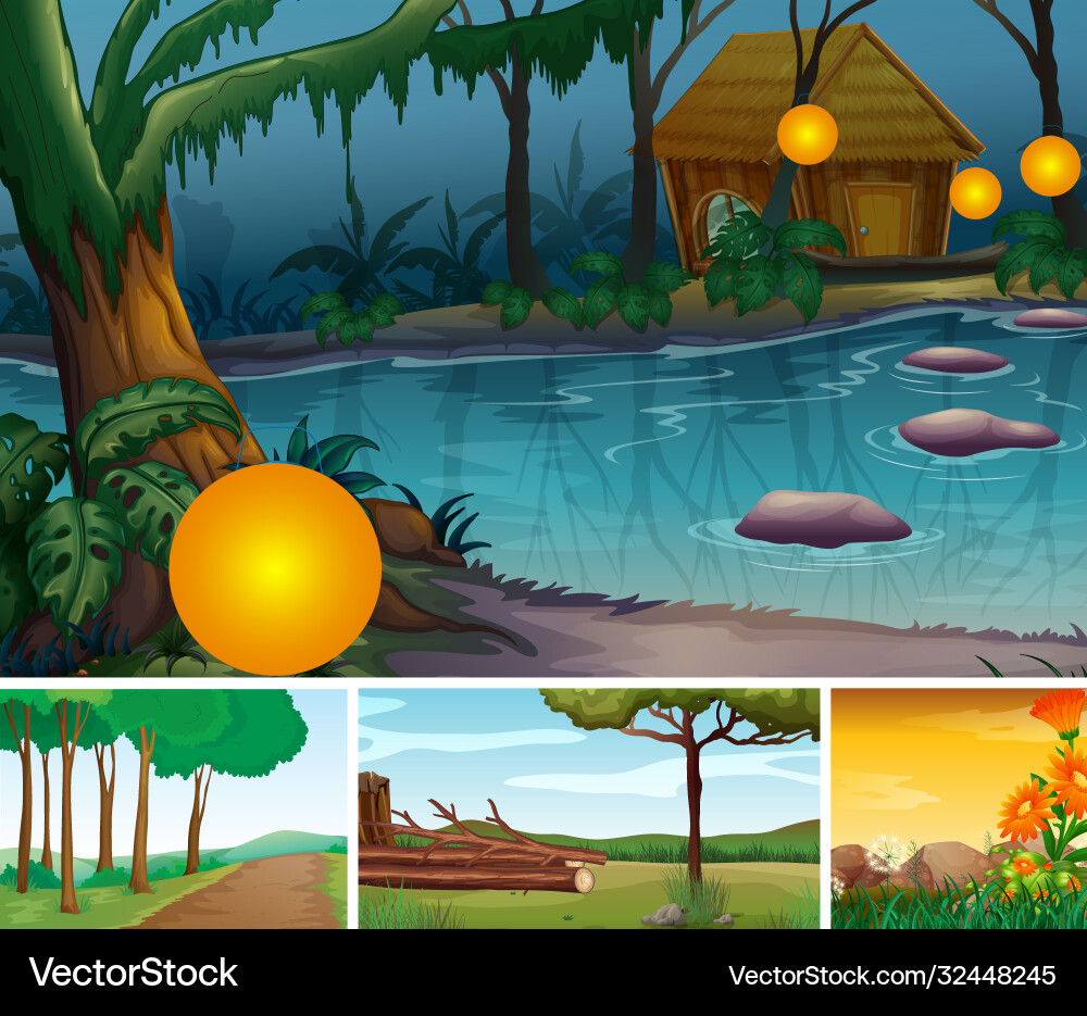 Four different nature scene forest and swamp Vector Image