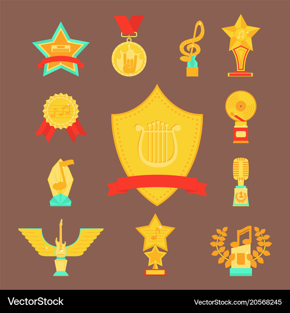 Music award statuette microphone and notes Vector Image