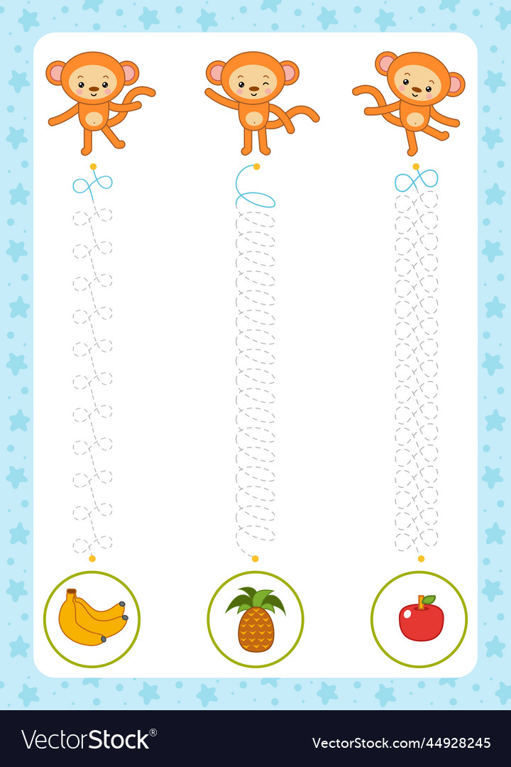 Trace the dotted lines from monkeys to fruits Vector Image