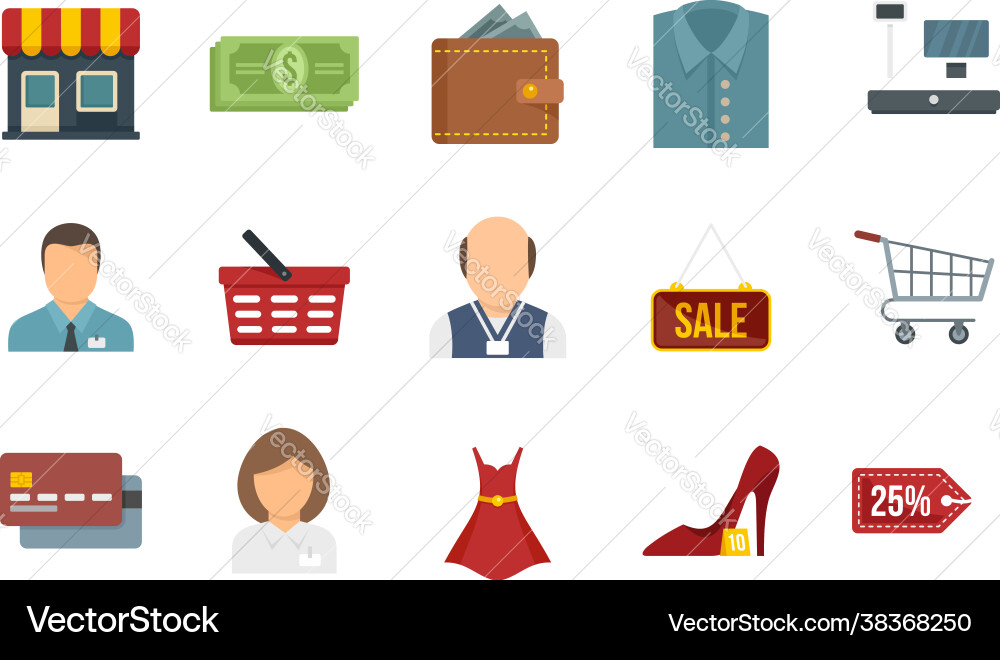 Shop assistant icons set flat isolated Royalty Free Vector