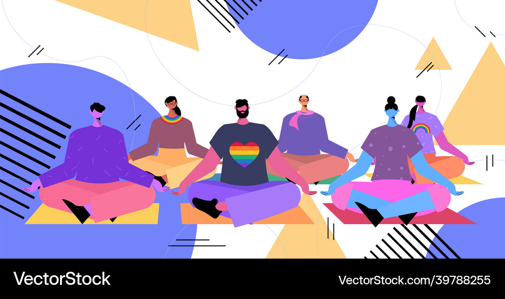 People practicing yoga exercise in lotus pose lgbt