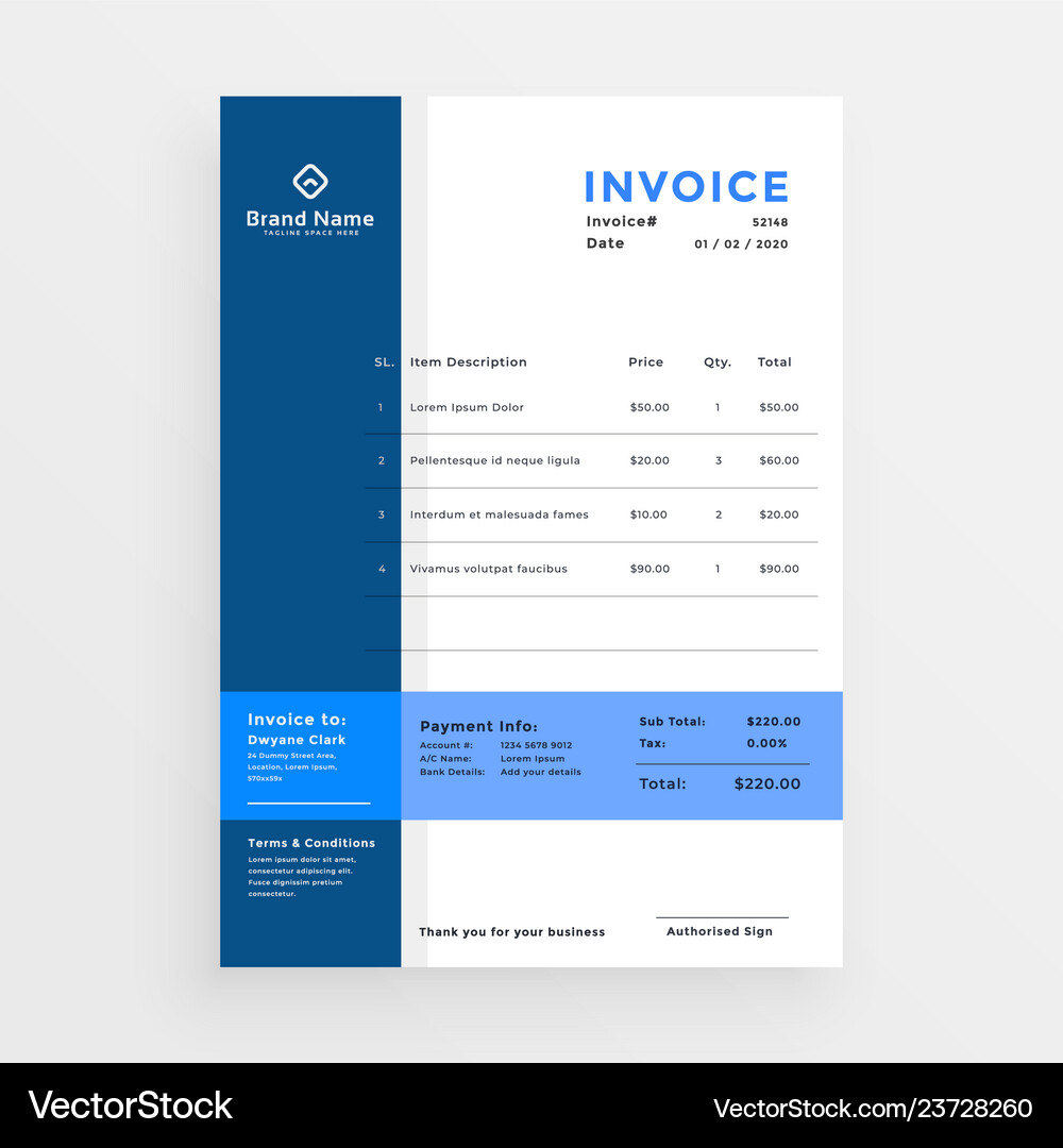 Clean blue business invoice template design Vector Image