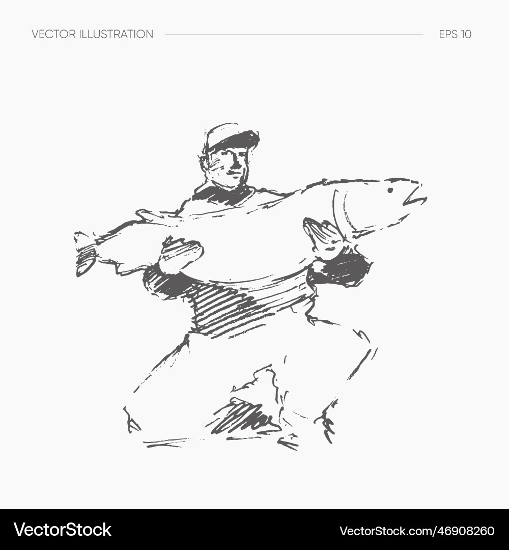 Fisherman caught a fish hand drawn Royalty Free Vector Image