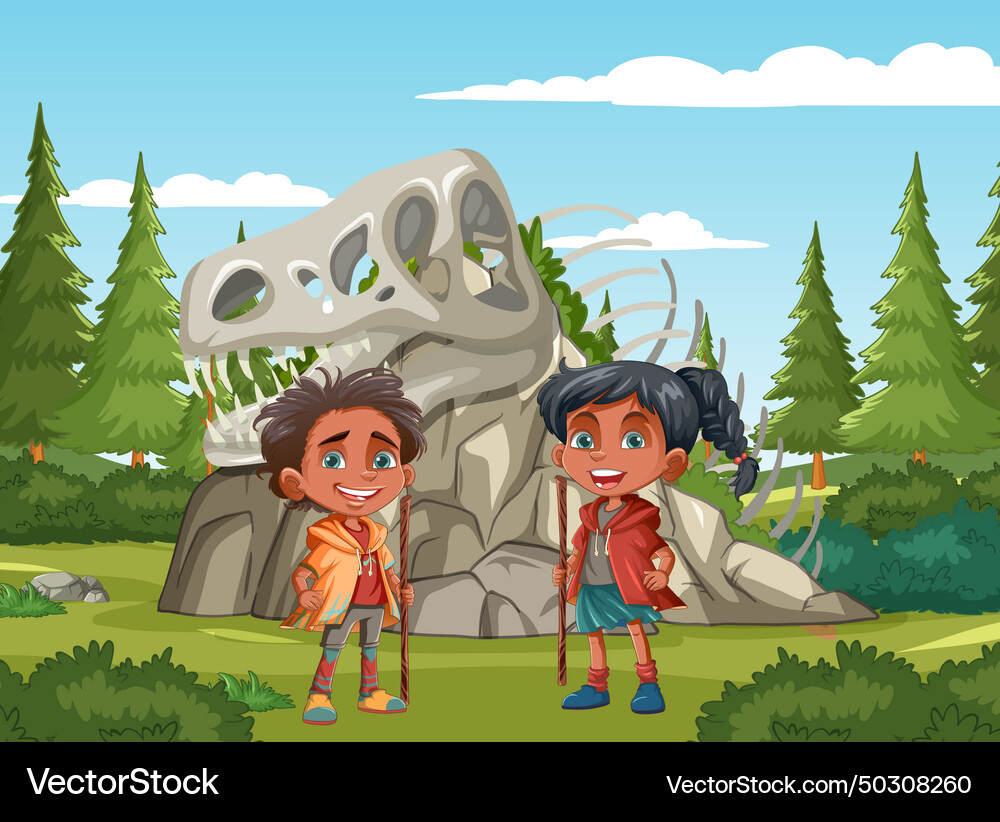 Two children exploring a dinosaur-themed park Vector Image