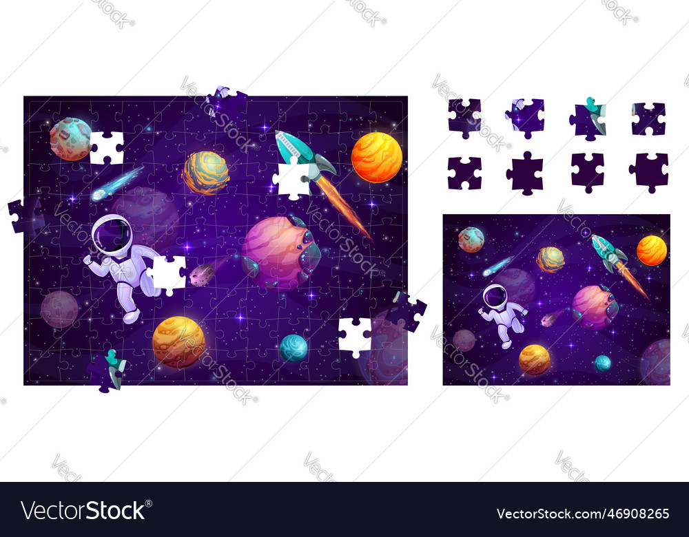 Jigsaw puzzle space game pieces cartoon riddle Vector Image