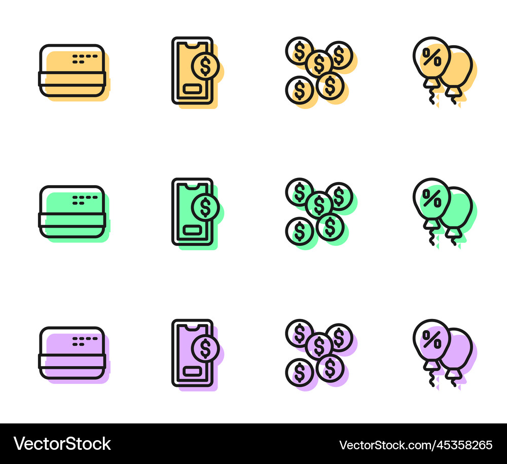 Set line dollar symbol credit card mobile Vector Image