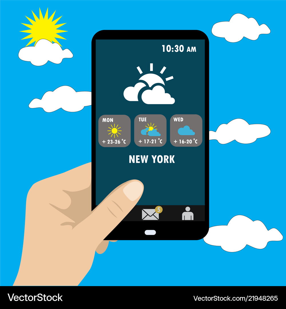 Smart phone in hand weather reports via Royalty Free Vector
