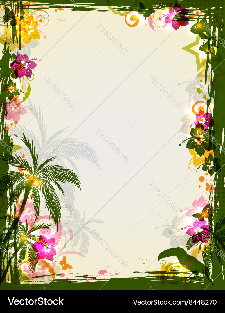 Bright tropical frame with palms and toucan Vector Image