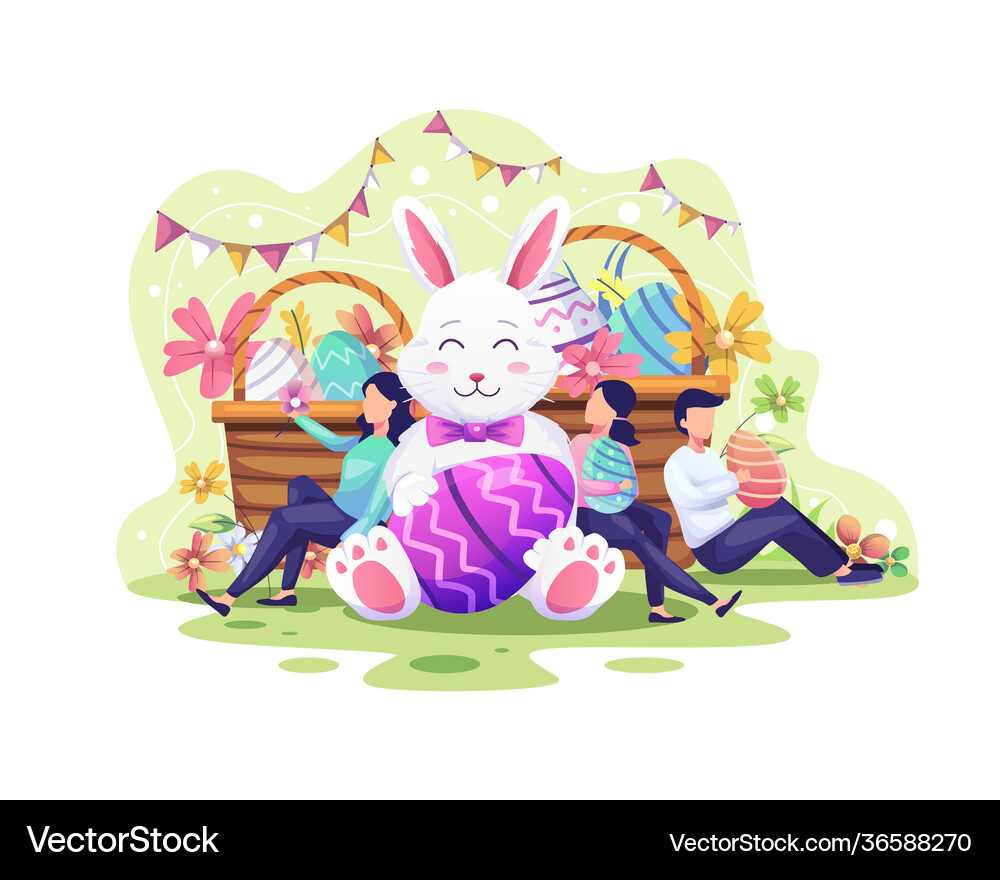 Happy people celebrate easter day with a bunny Vector Image