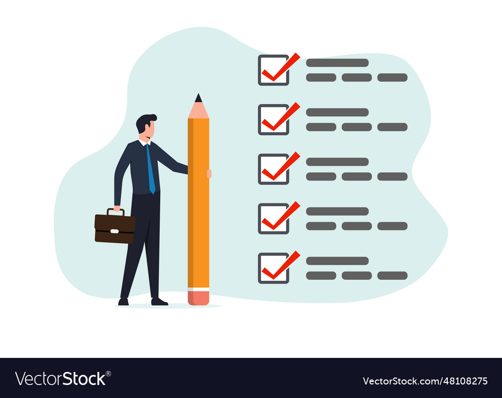 Businessman holding pencil tick all completed Vector Image Businessman holding pencil tick all completed Vector Image