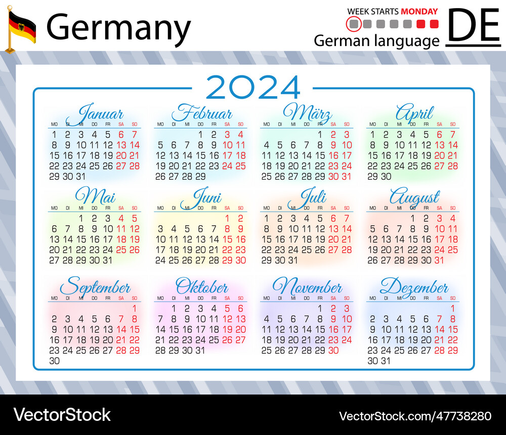 German horizontal pocket calendar for 2024 week Vector Image