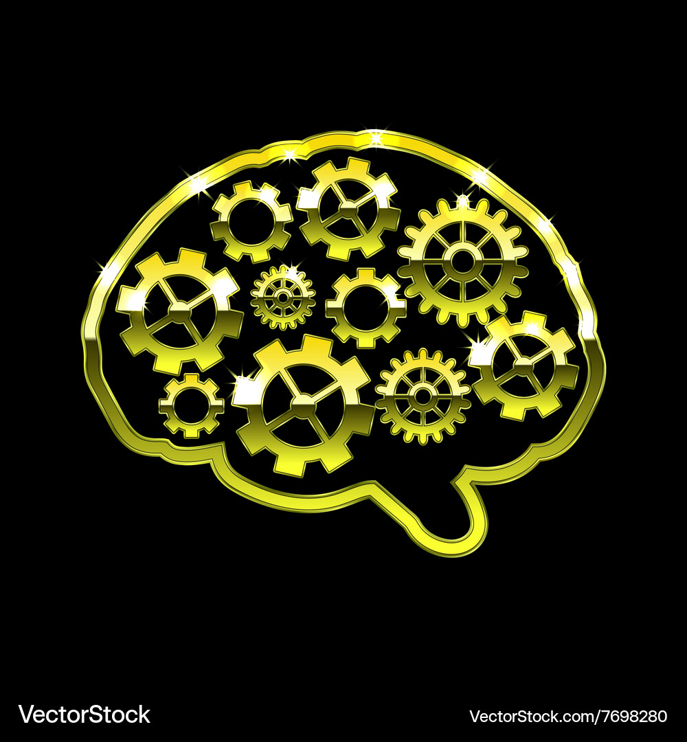 Golden chrome brain with gears think design over Vector Image