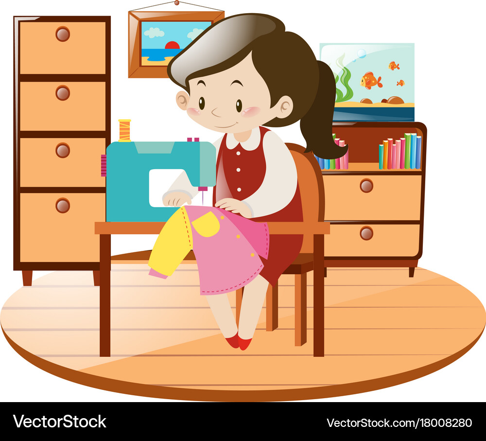 Woman sewing clothes with sewing machine Vector Image