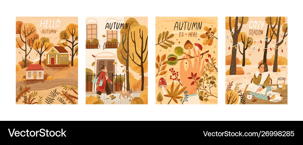 Autumn mood hand drawn poster templates set fall Vector Image