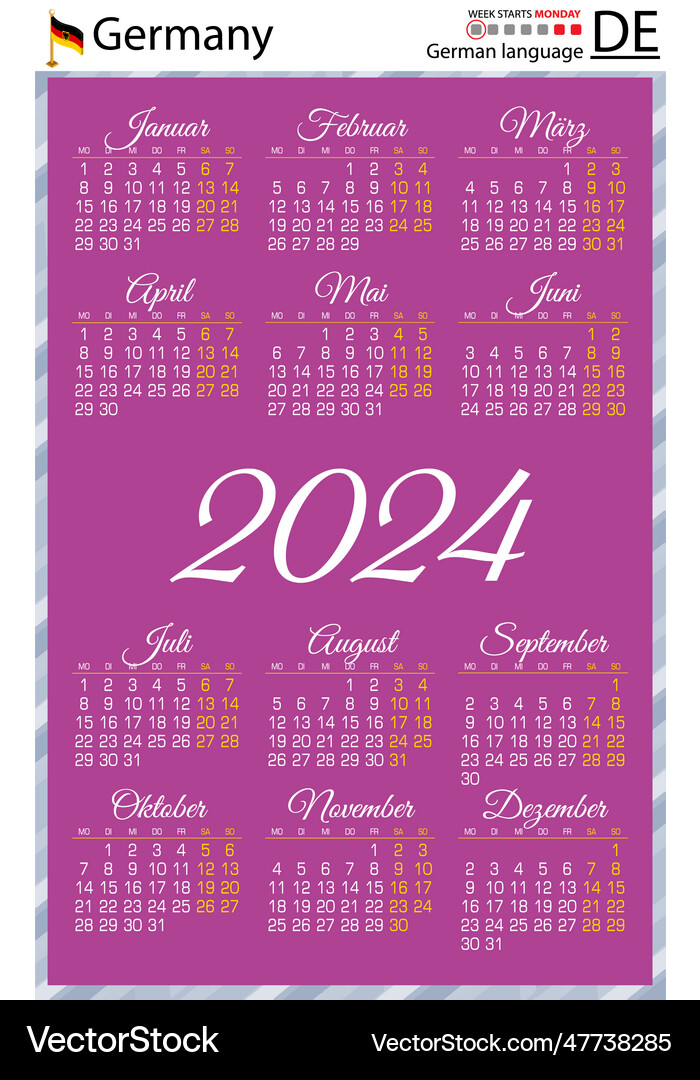 German vertical pocket calendar for 2024 week Vector Image