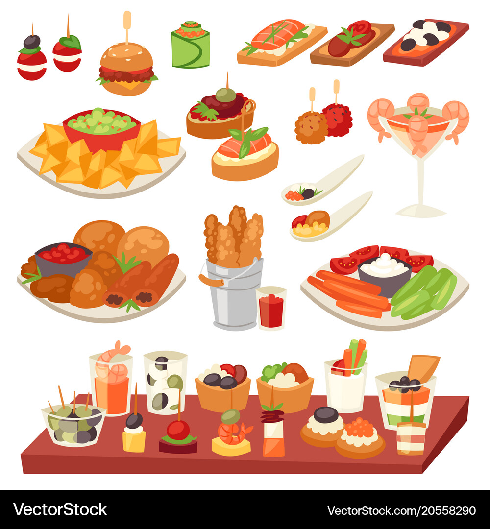 Appetizer appetizing food and snack meal or Vector Image