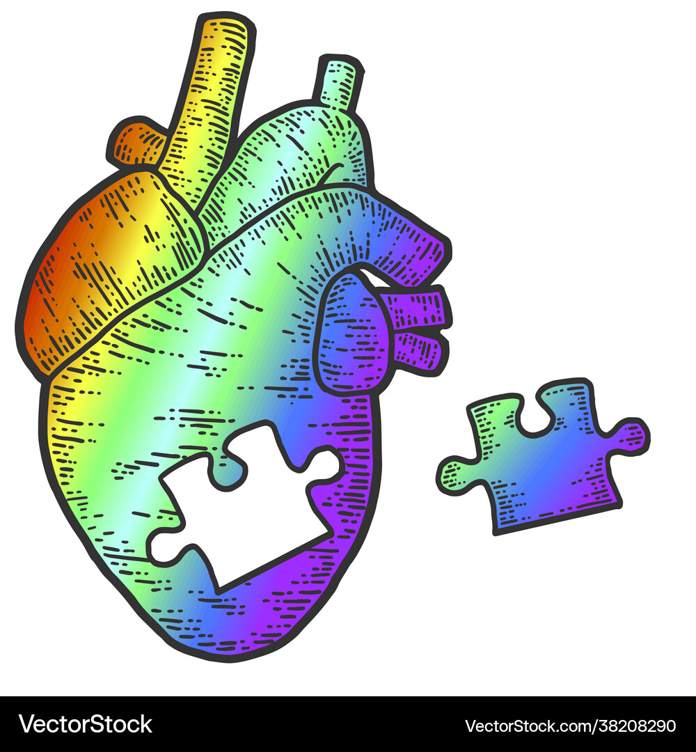 Rainbow heart puzzle sketch scratch board Vector Image