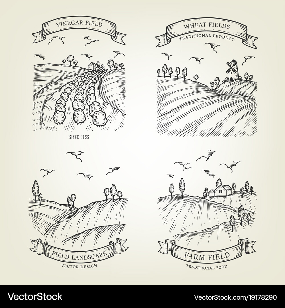 Set farm landscapes with field views Royalty Free Vector