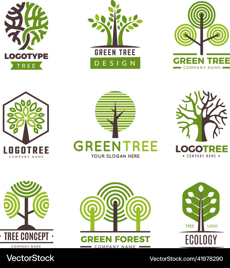 Tree logotypes eco green symbols wood stylized Vector Image