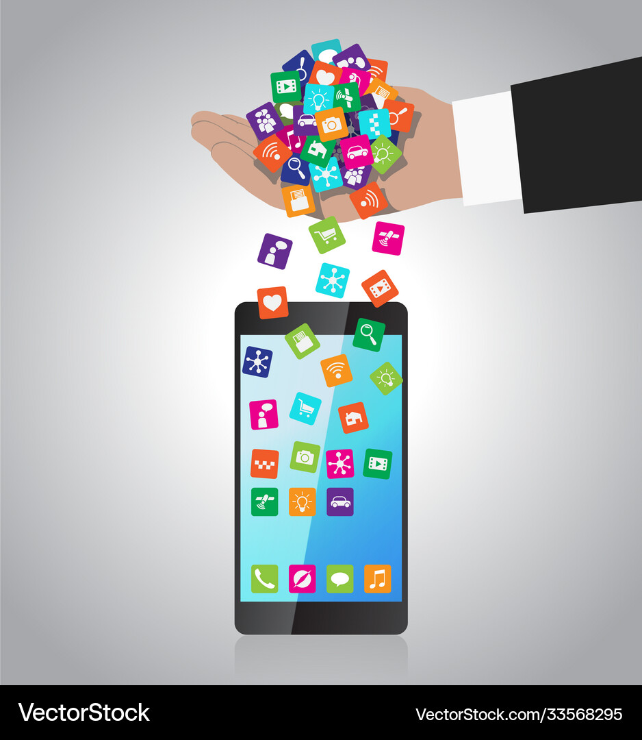 Hand loads and installs apps in smartphone Vector Image