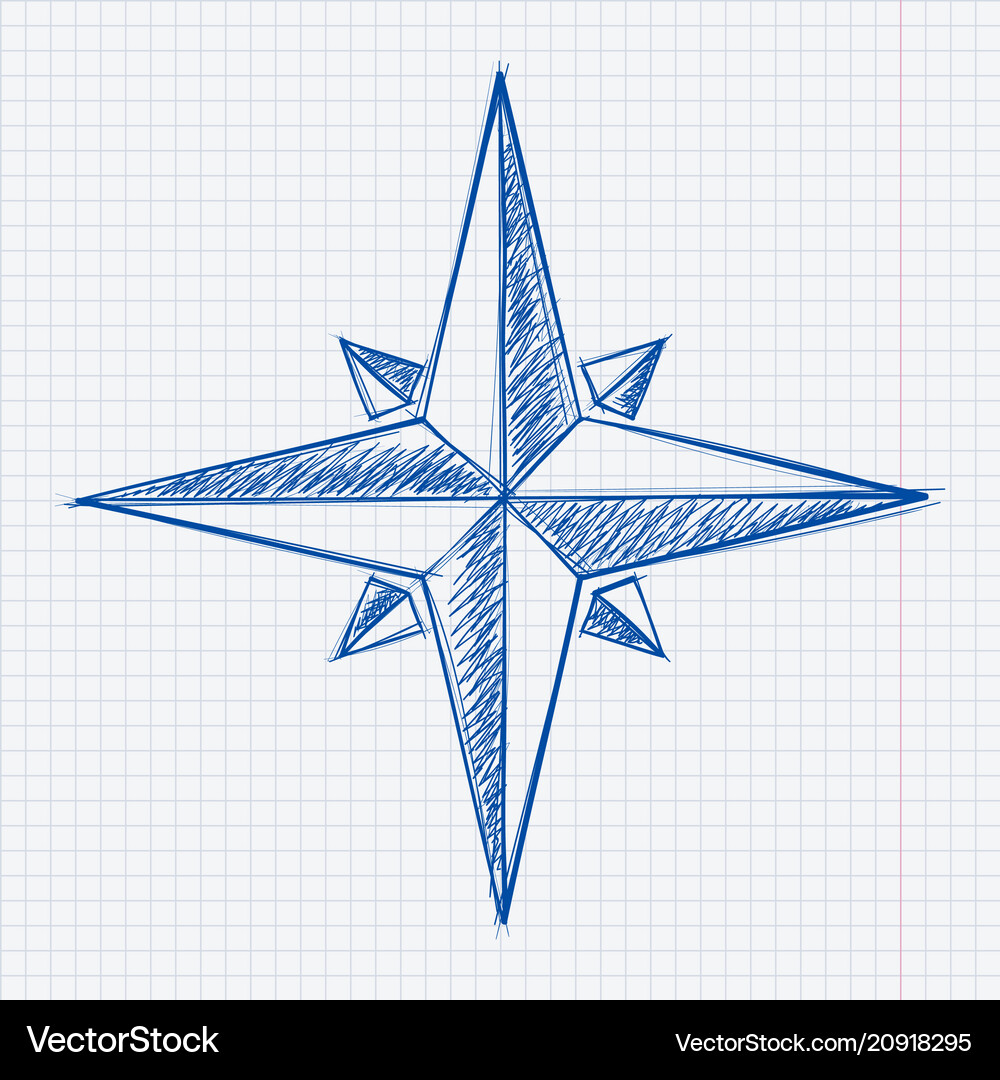 Windrose blue hand drawn sketch on lined paper Vector Image