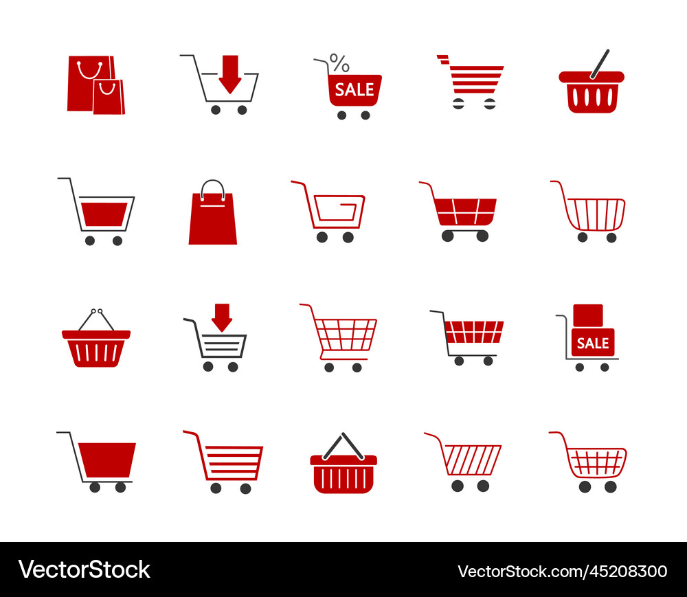 Black and red basket icons set Royalty Free Vector Image