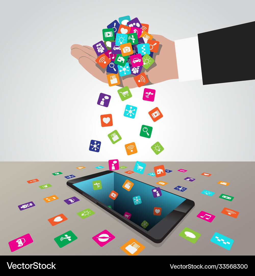 Hand loads and installs apps in smartphone Vector Image