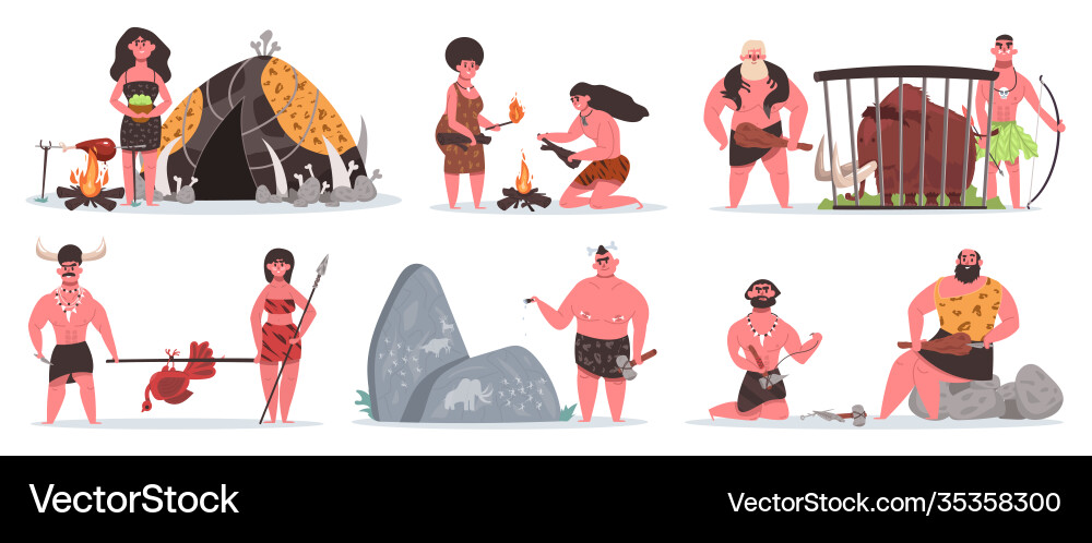 Prehistoric characters caveman life scenes stone Vector Image