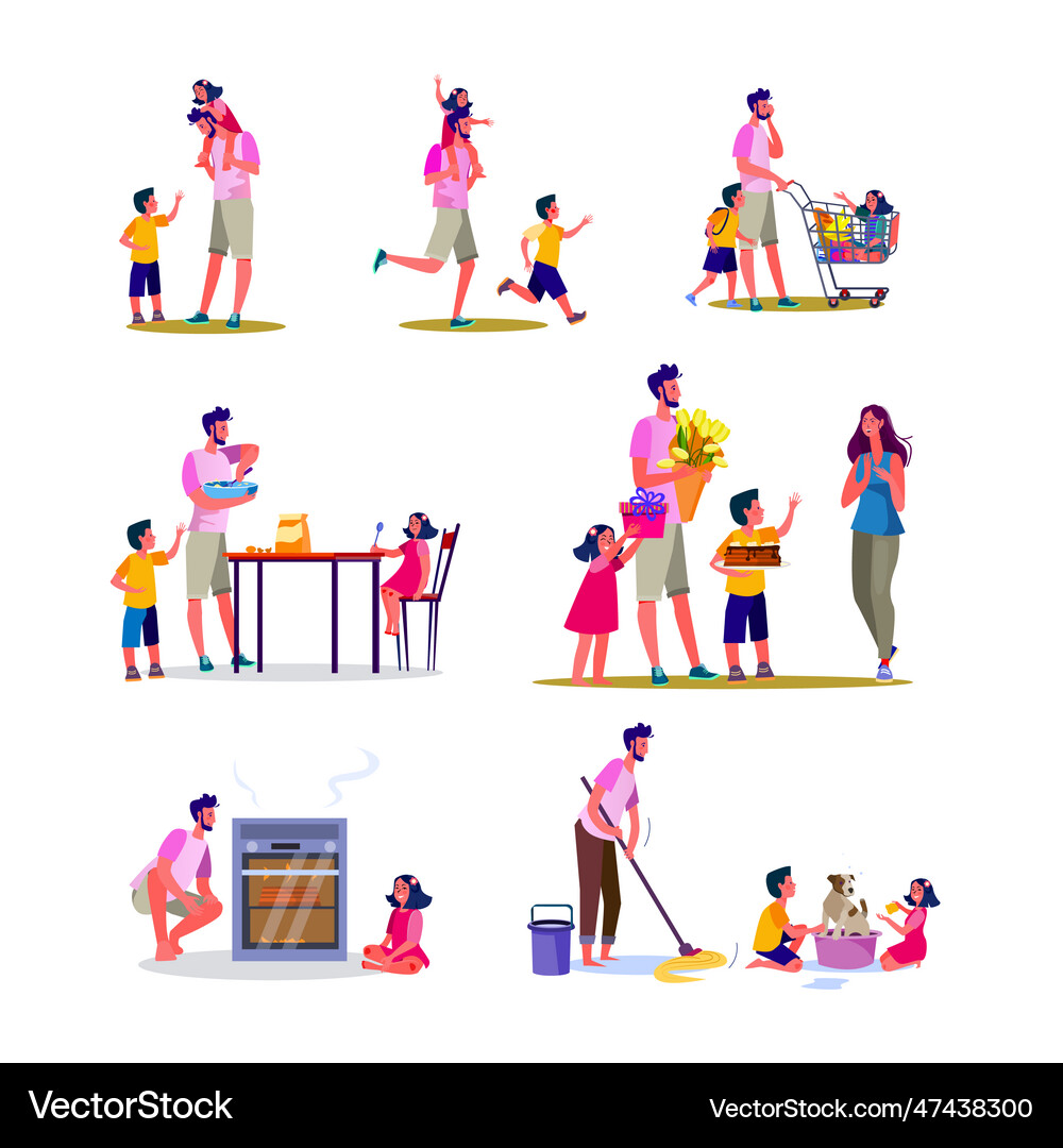 Set of young father doing various housework Vector Image