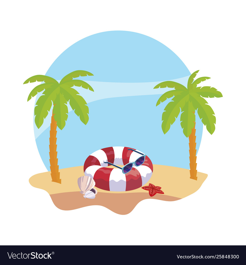 Summer beach with palms and lifeguard float scene Vector Image