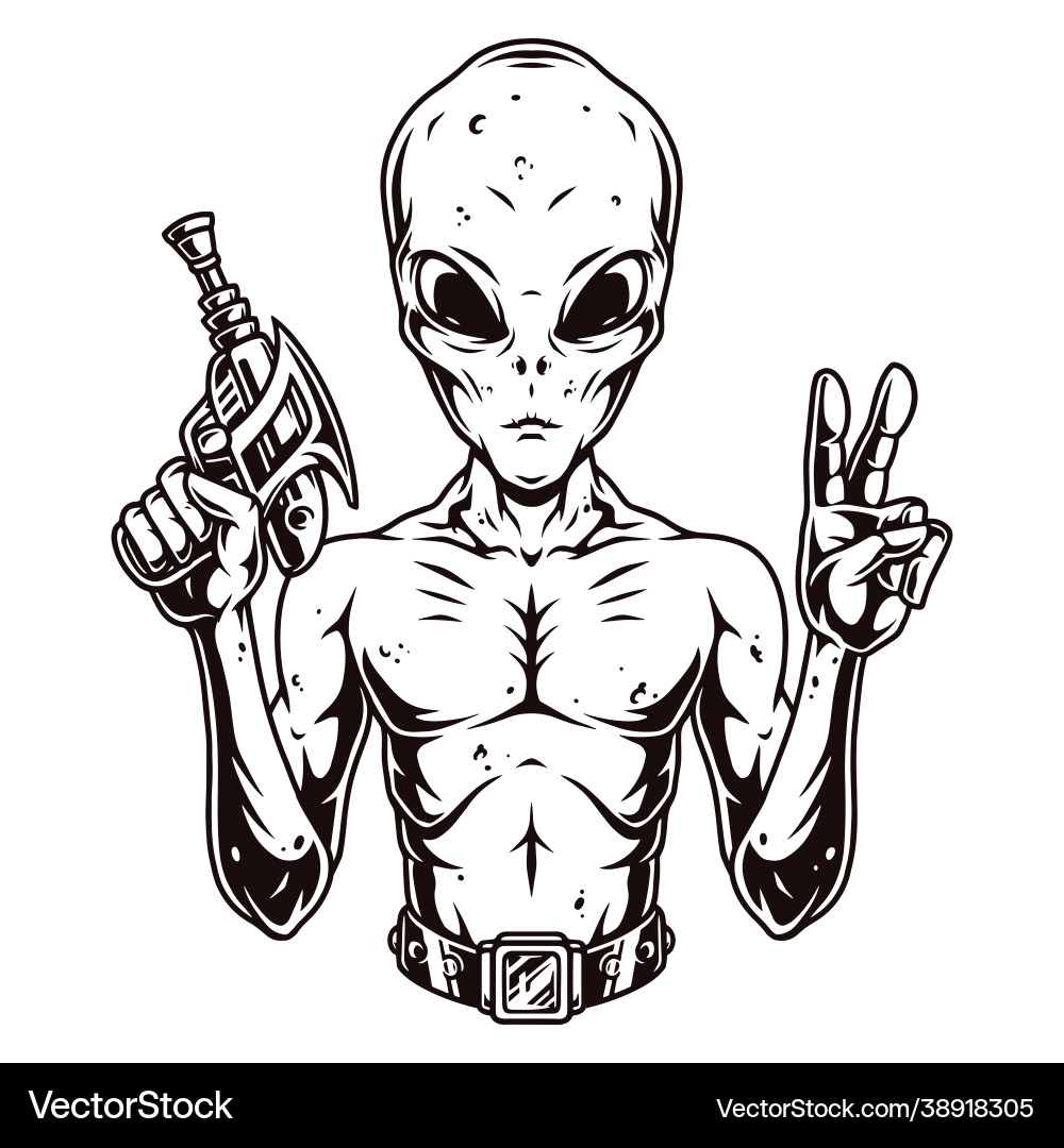 Alien with spacegun showing peace sign Royalty Free Vector
