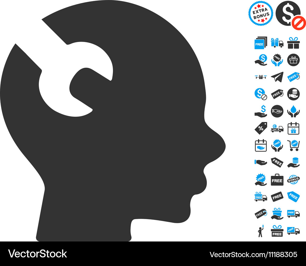 Brain wrench tool icon with free bonus Royalty Free Vector