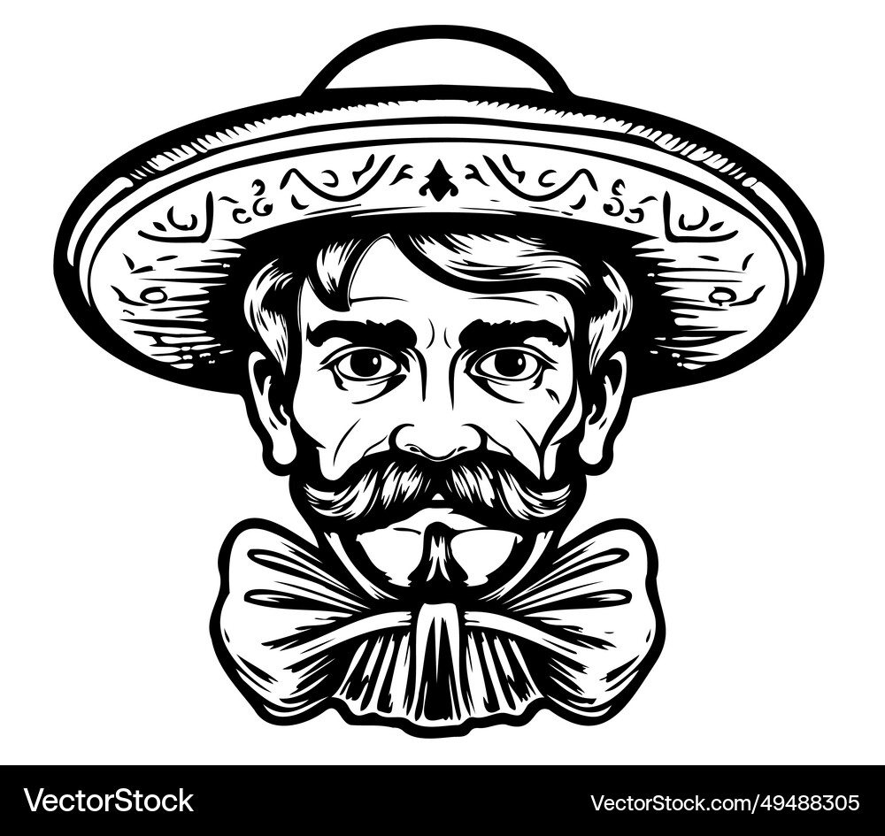 Mexican with a mustache and hat sketch hand Vector Image