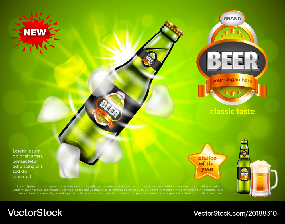 Beer ads bottle with ice cubes on green Royalty Free Vector