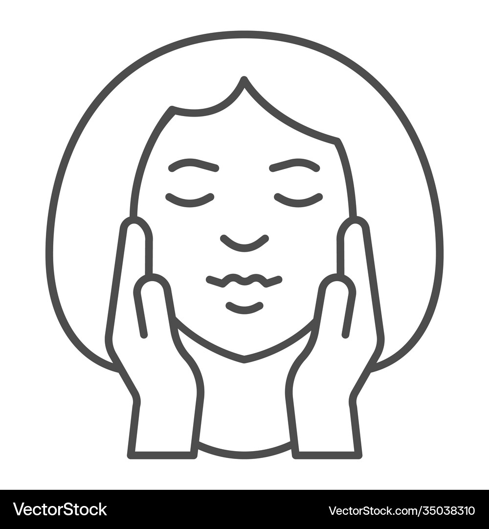 Girl head and hands on cheeks thin line icon Vector Image