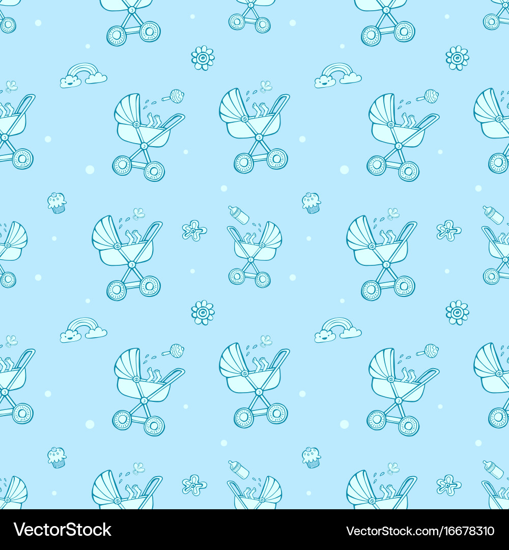 Seamless monochrome blue pattern with cute baby Vector Image