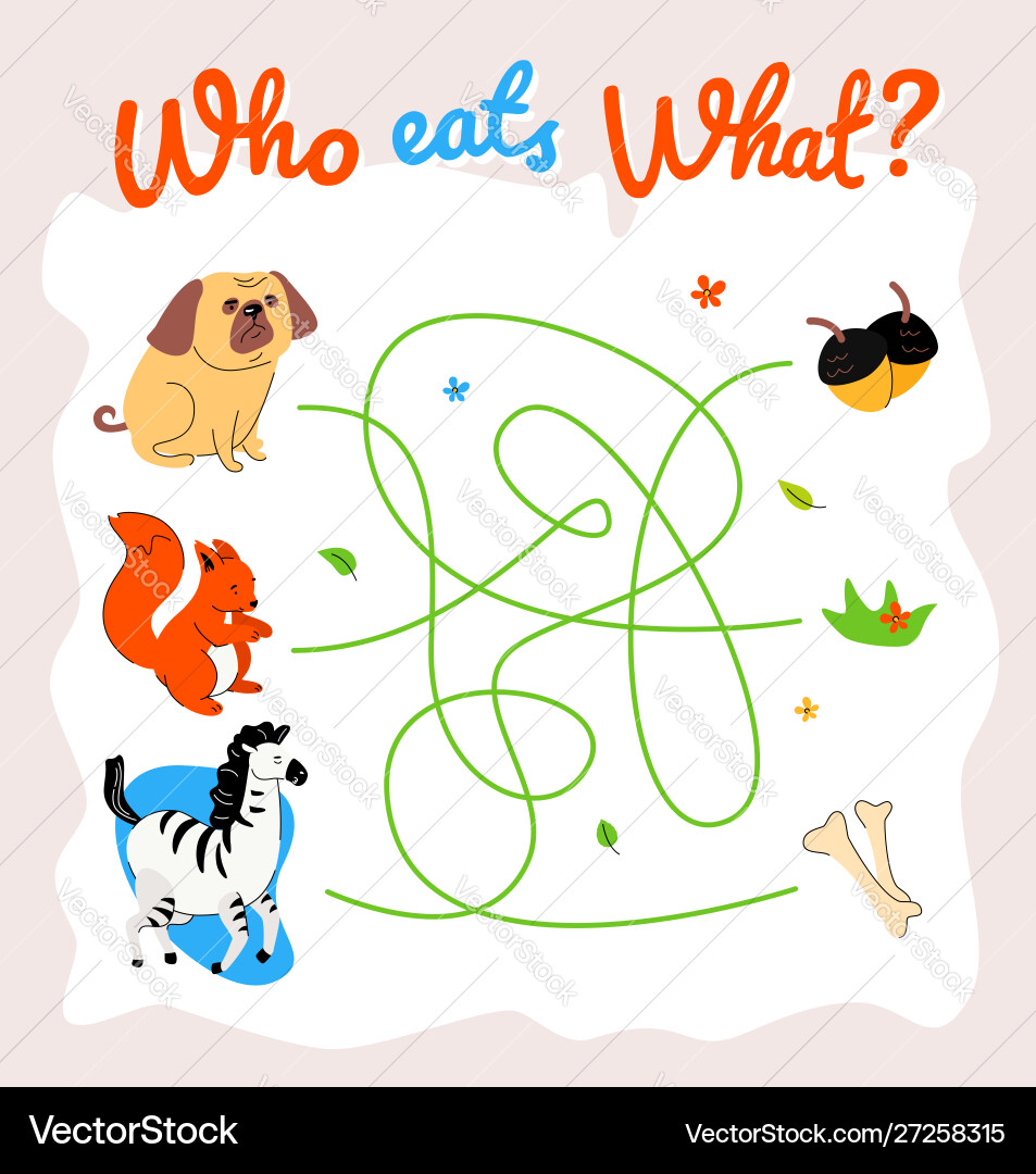 Animal food labyrinth learning game Royalty Free Vector