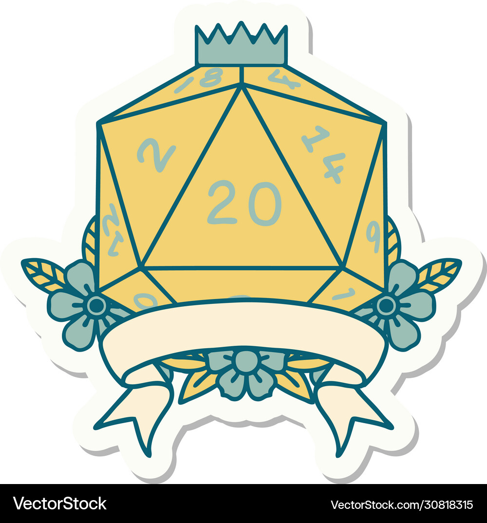 Natural 20 critical hit d20 dice roll sticker Vector Image