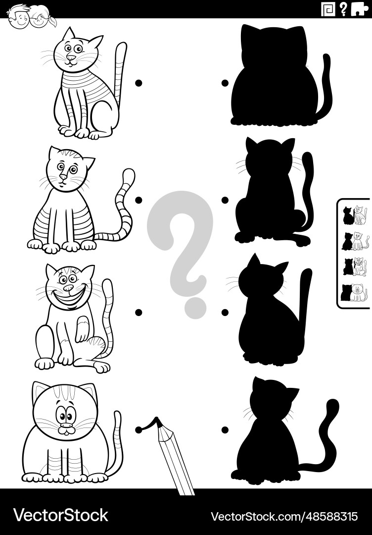 Shadow game with cartoon cat characters coloring Vector Image