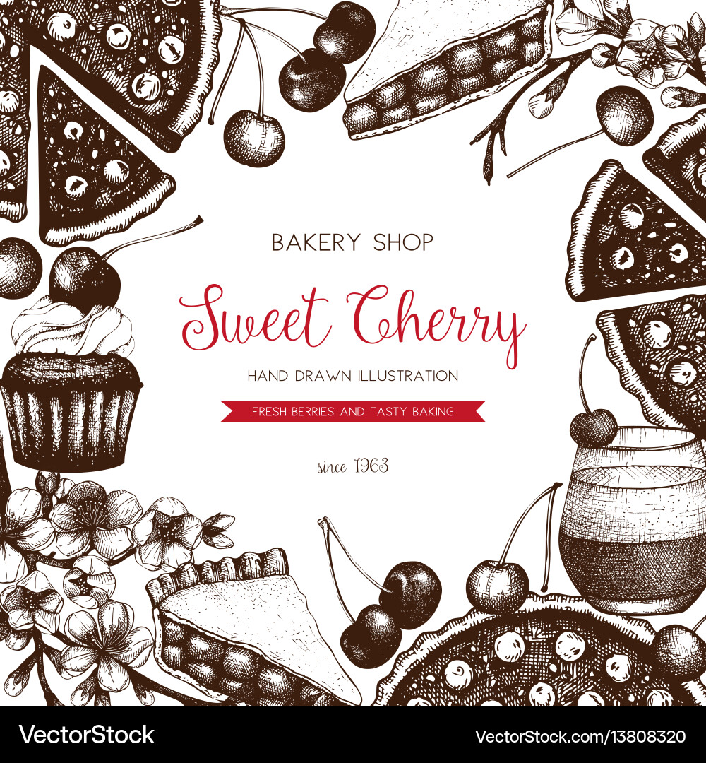 Vintage template with traditional cherry cakes Vector Image