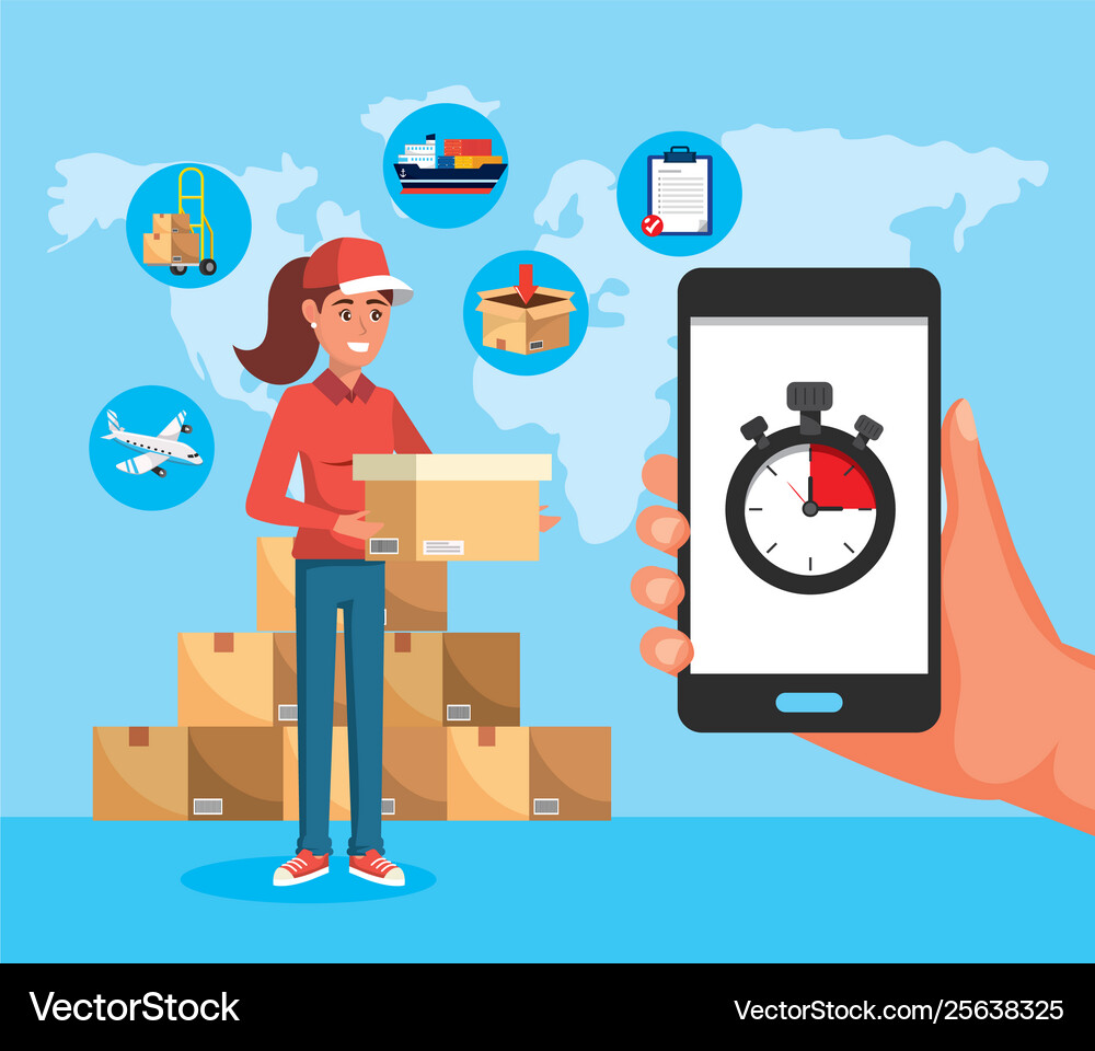 Delivery woman with boxes service and smartphone Vector Image