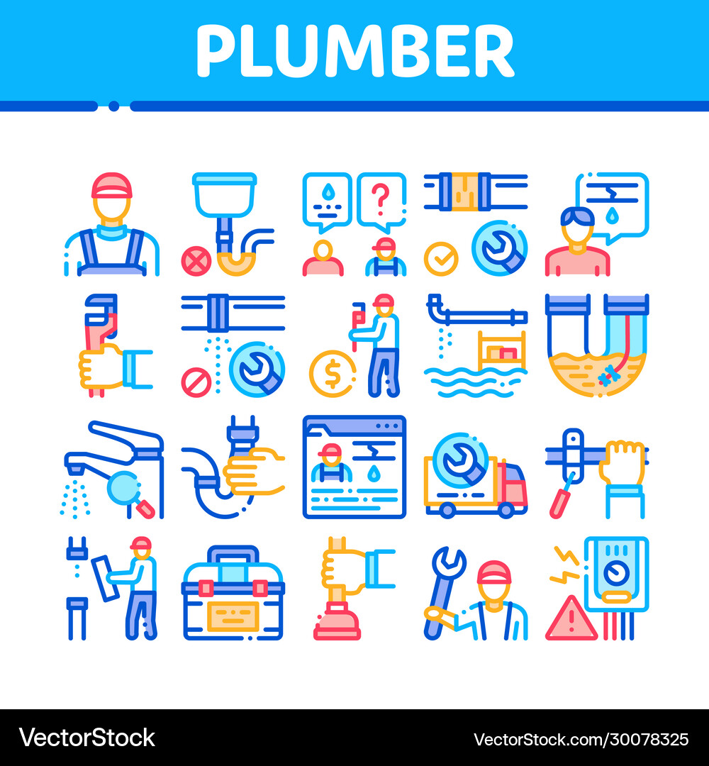 Plumber profession collection icons set Royalty Free Vector