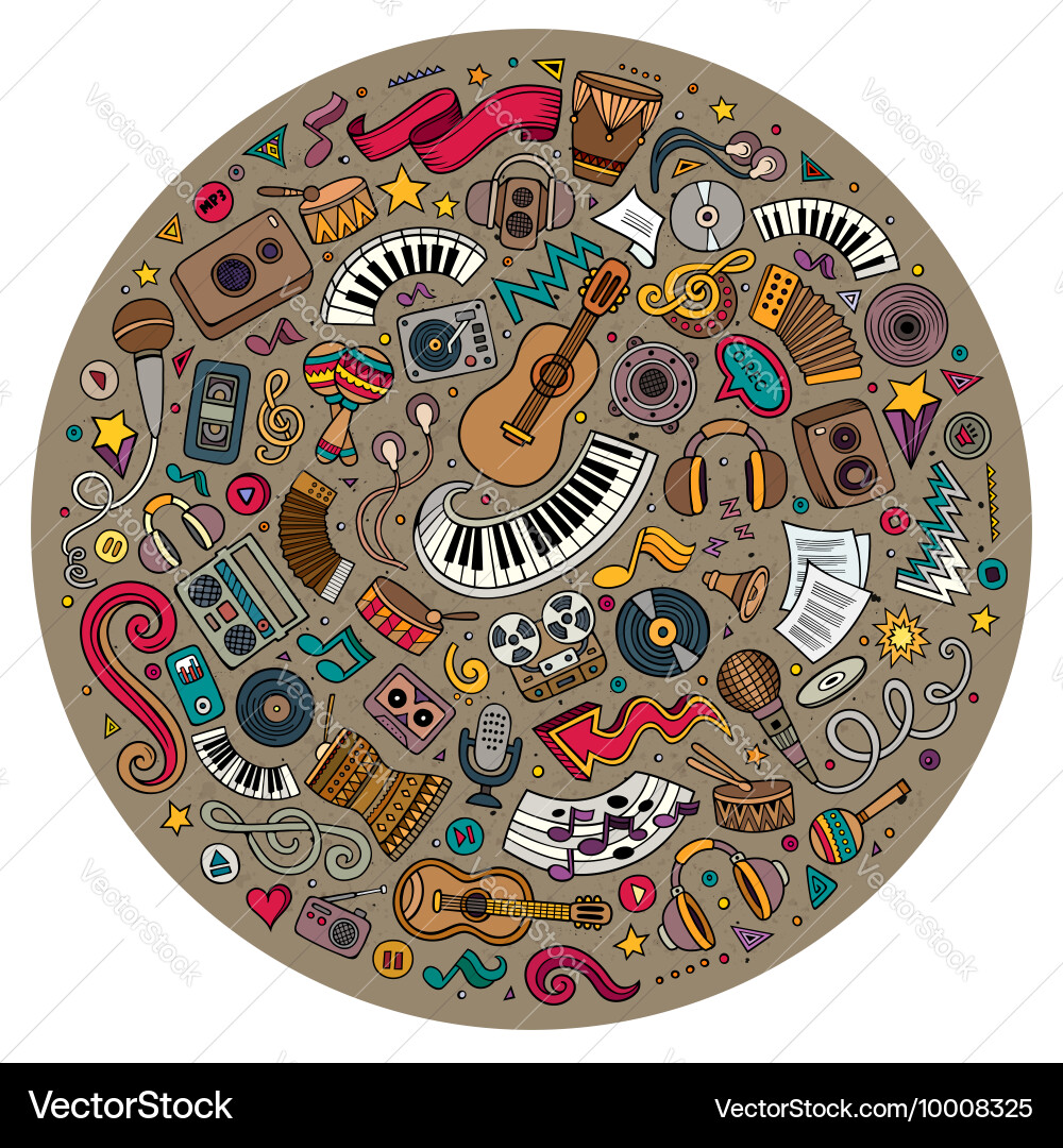 Set of musical cartoon doodle objects Royalty Free Vector
