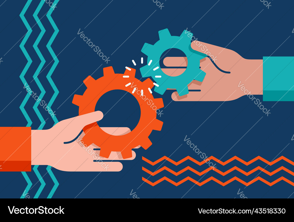 Cartoon hands joining gears into single gearbox Vector Image