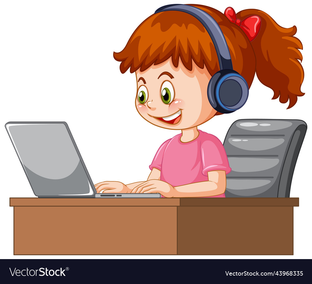 A Girl Using Laptop Cartoon Royalty Free Vector Image