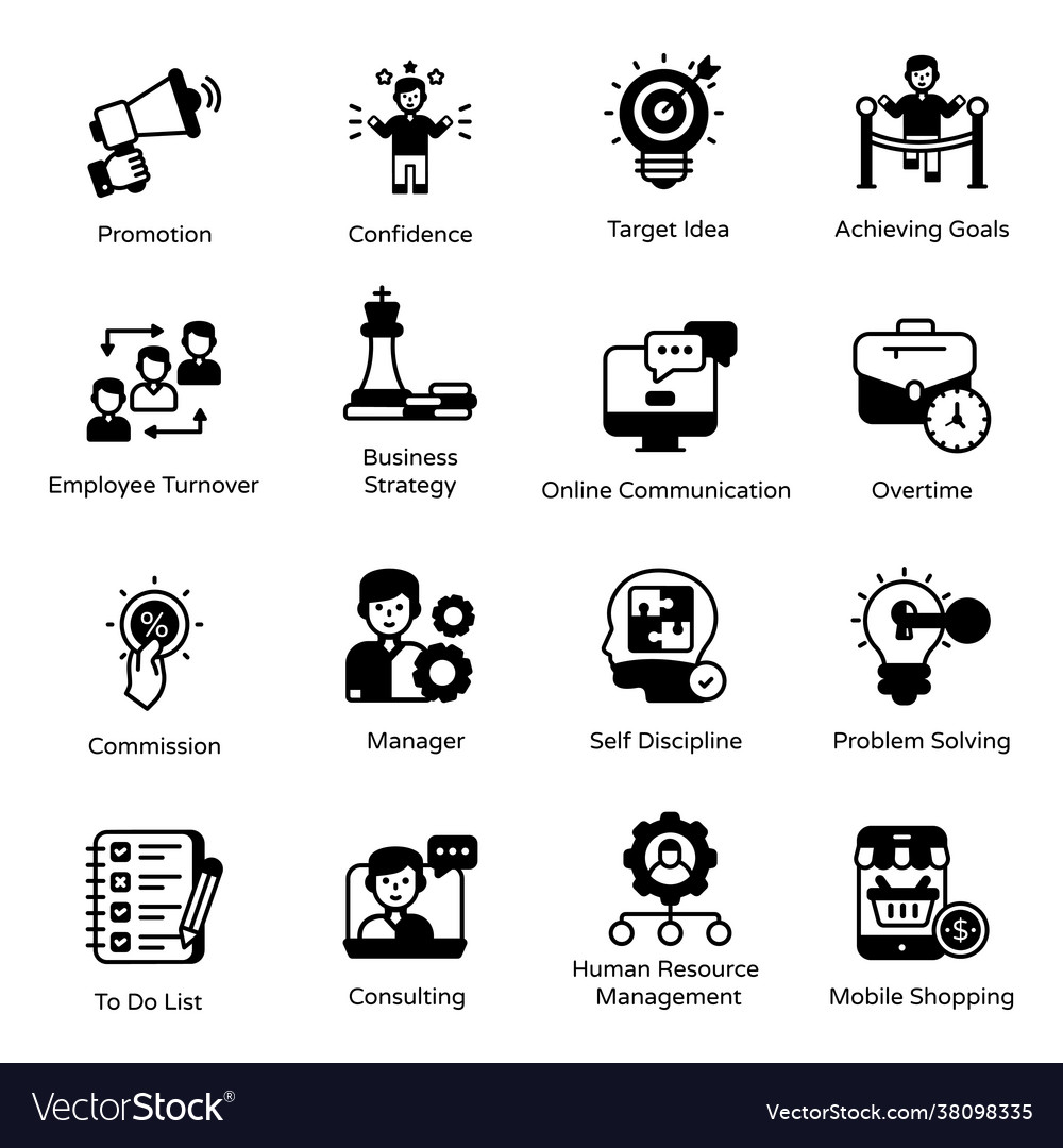 Pack business management glyph icons Royalty Free Vector