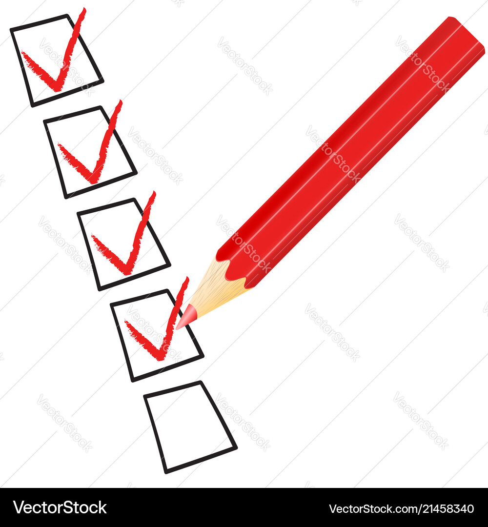 Check mark symbol and icon on red checklist with Vector Image