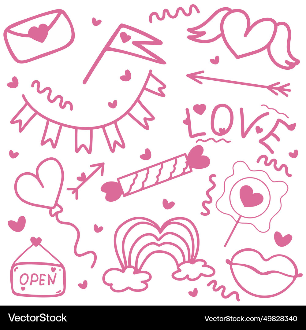 Set of pink elements rainbow cloud heart chat Vector Image